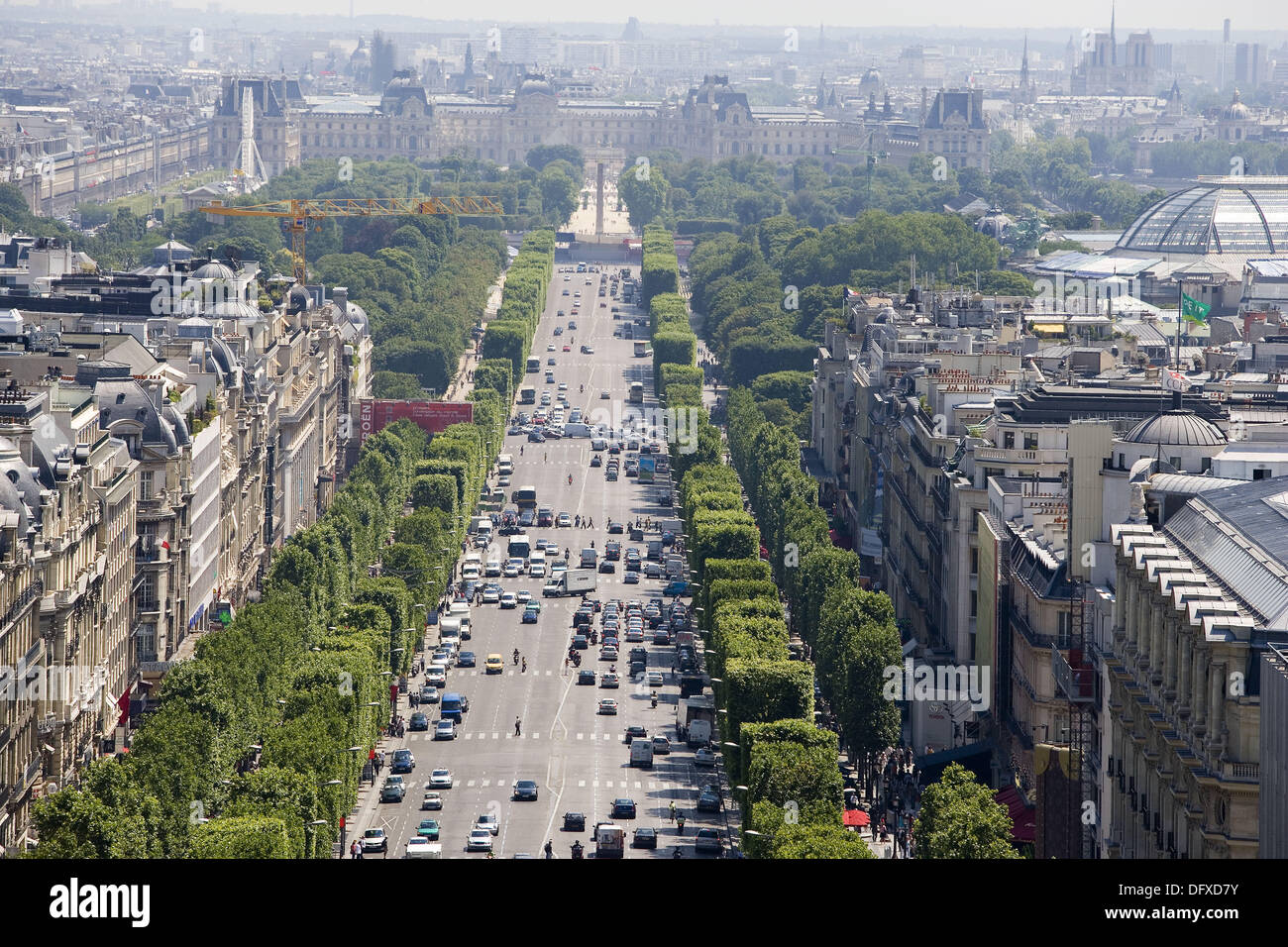 Champs Elysees Avenue, Concorde Obelisk and Louvre Museum in background ...