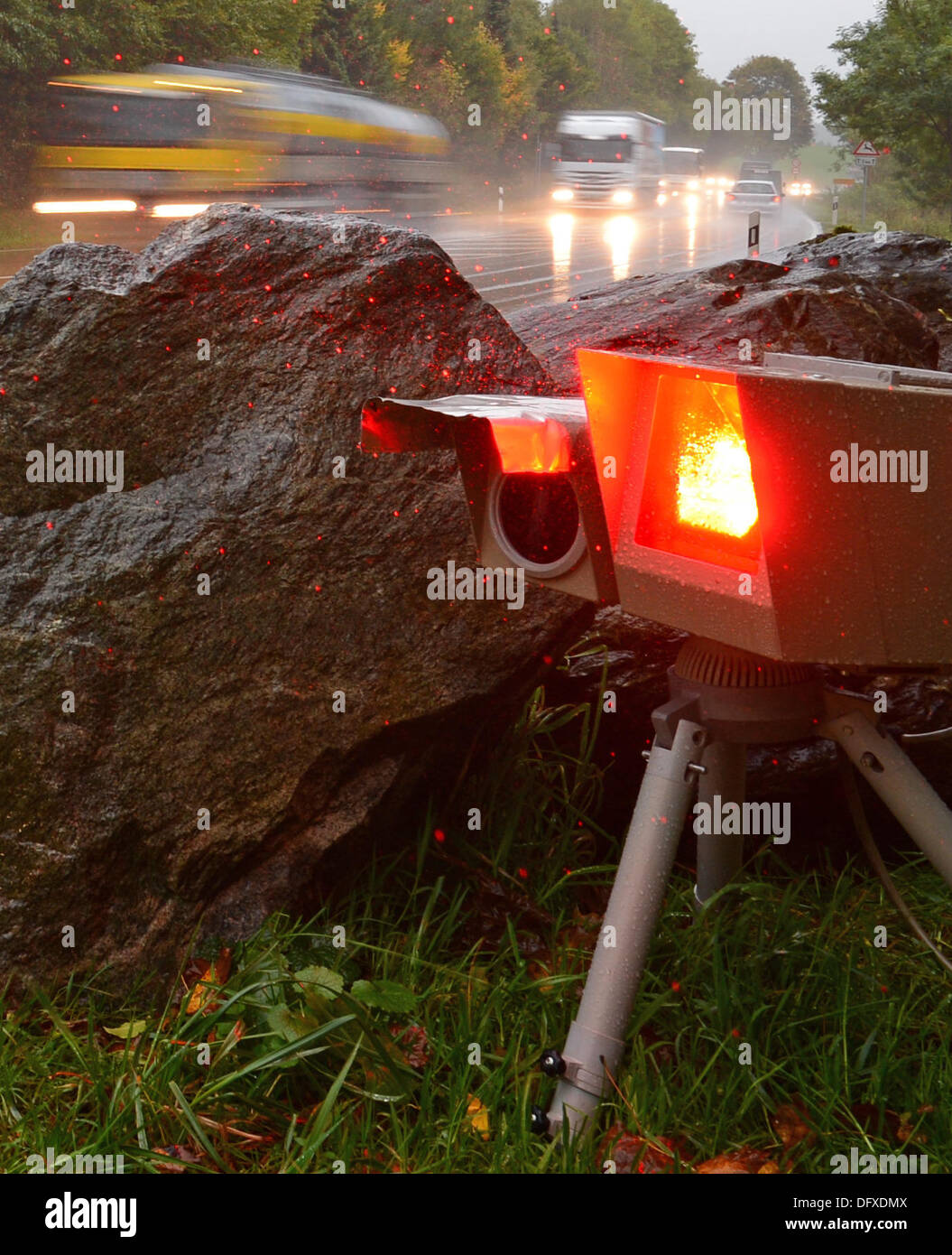 A police speed detector flashes on the B31 in the rain near ...