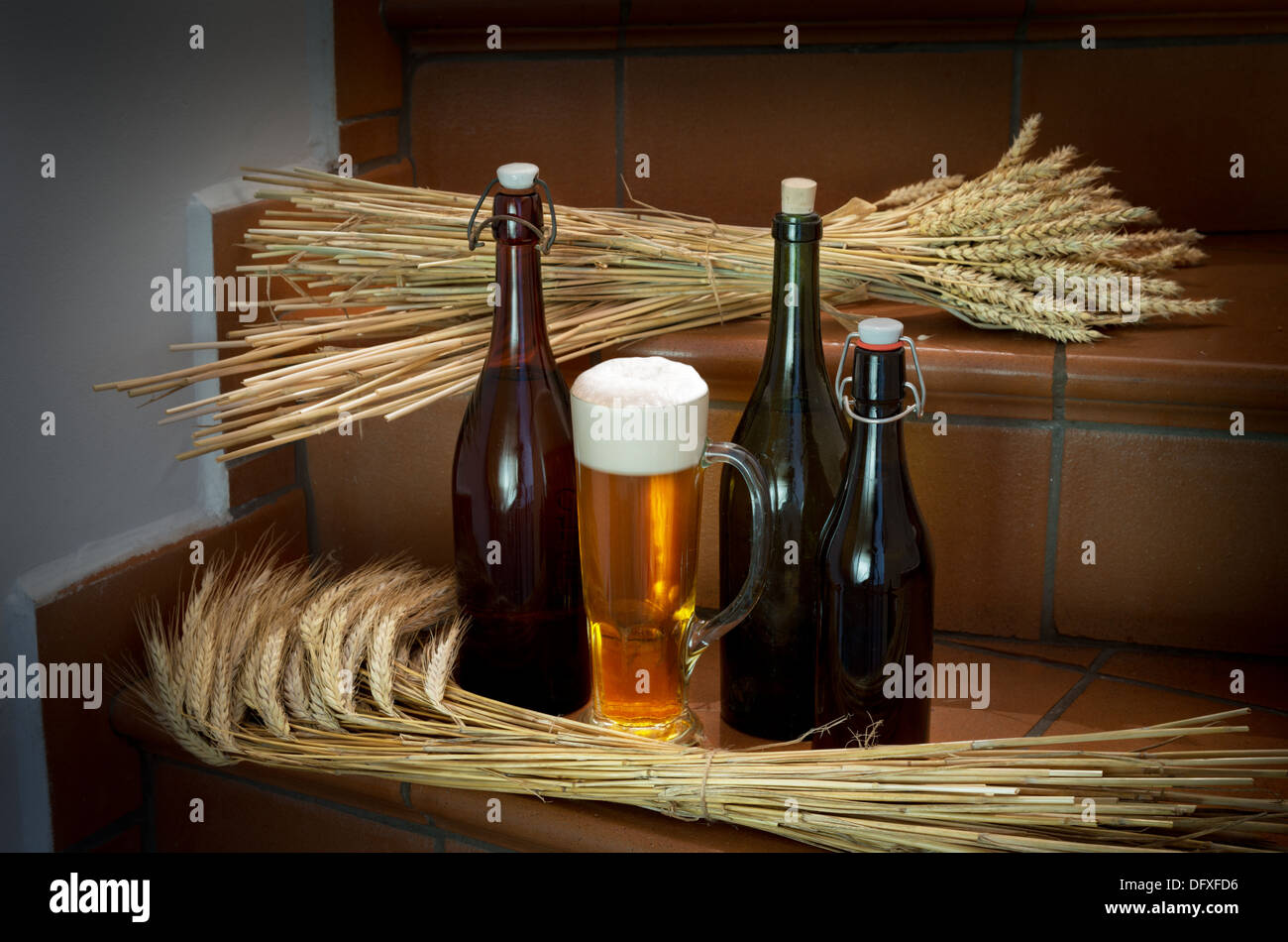 beer bottles and raw material fort beer production Stock Photo - Alamy