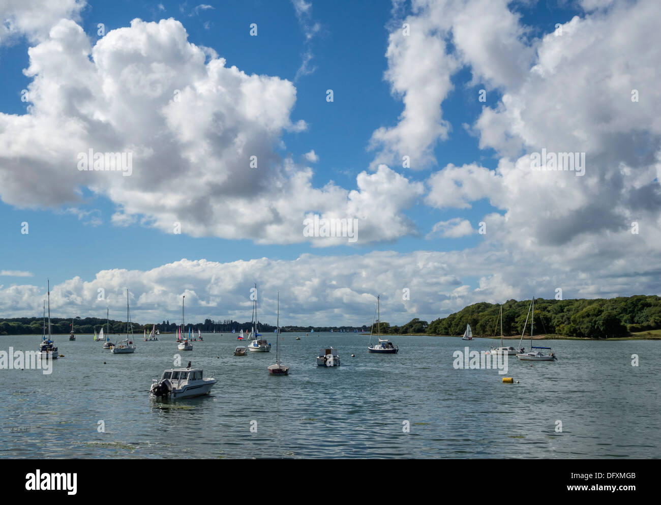Chichester Harbour and boats from Dell Quay, West Sussex, England, UK ...