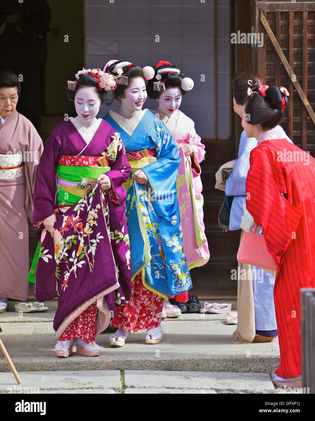Geisha taking part in the Setsubun Rituals at Yasaka Shine being bowed ...