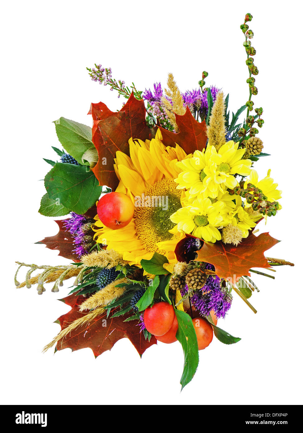Bouquet of sunflowers and gerbera flowers isolated on white background ...