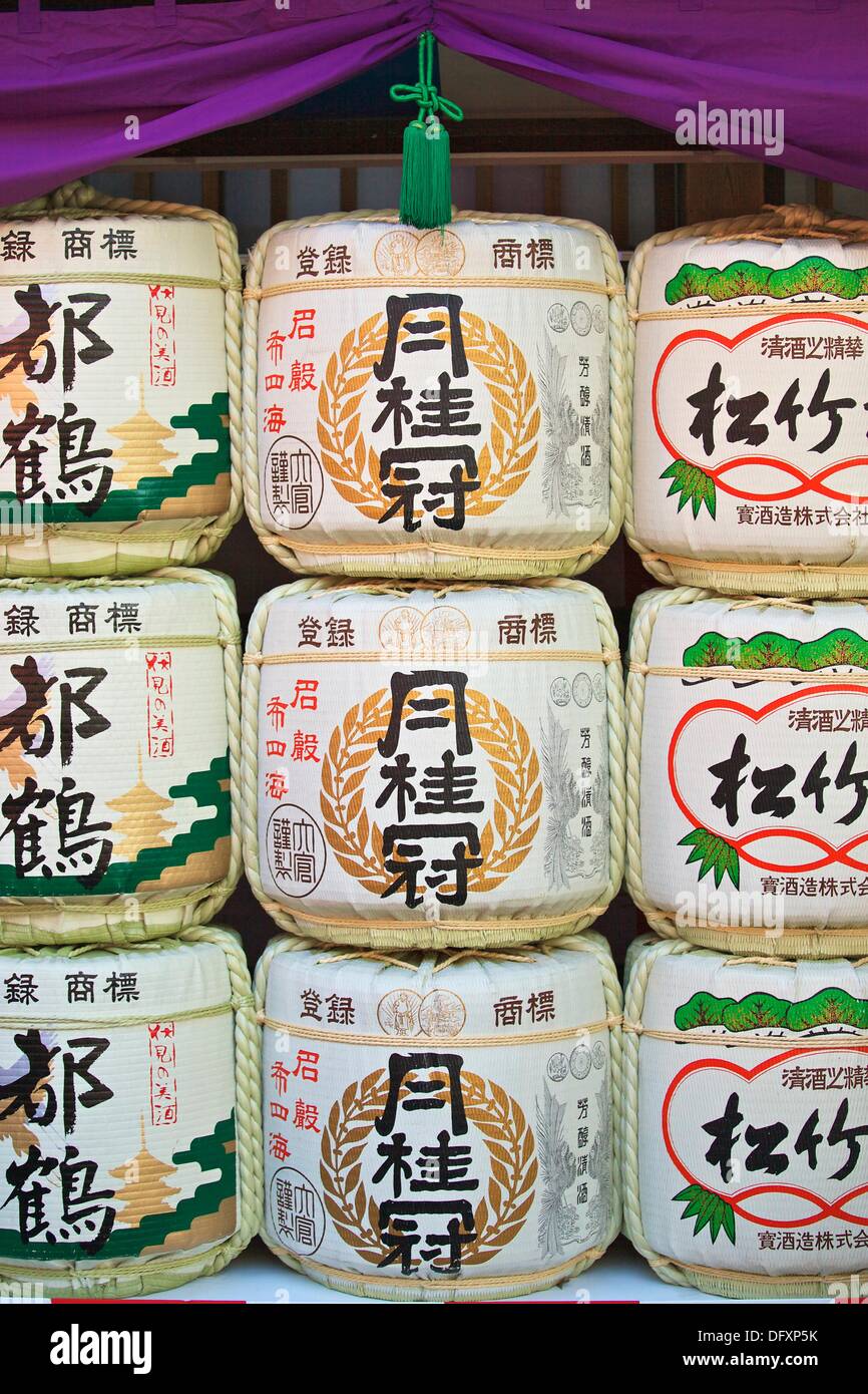 The colorful labels on sake barrels in a temple yard Stock Photo - Alamy