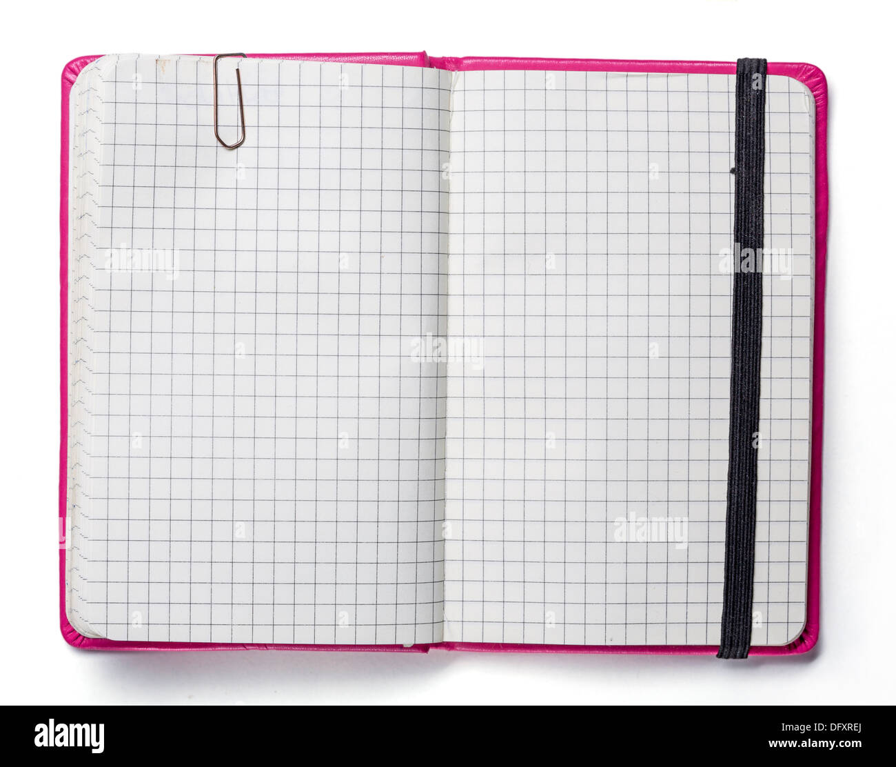 blank page of pink note book with paper clip and elastic strap isolated ...