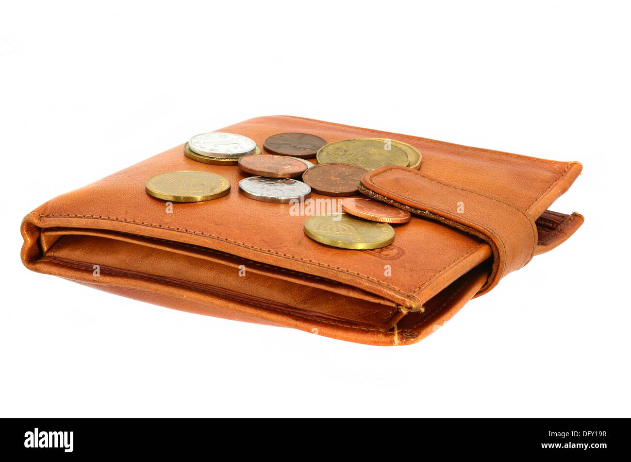 yellow purse with different coins Stock Photo - Alamy