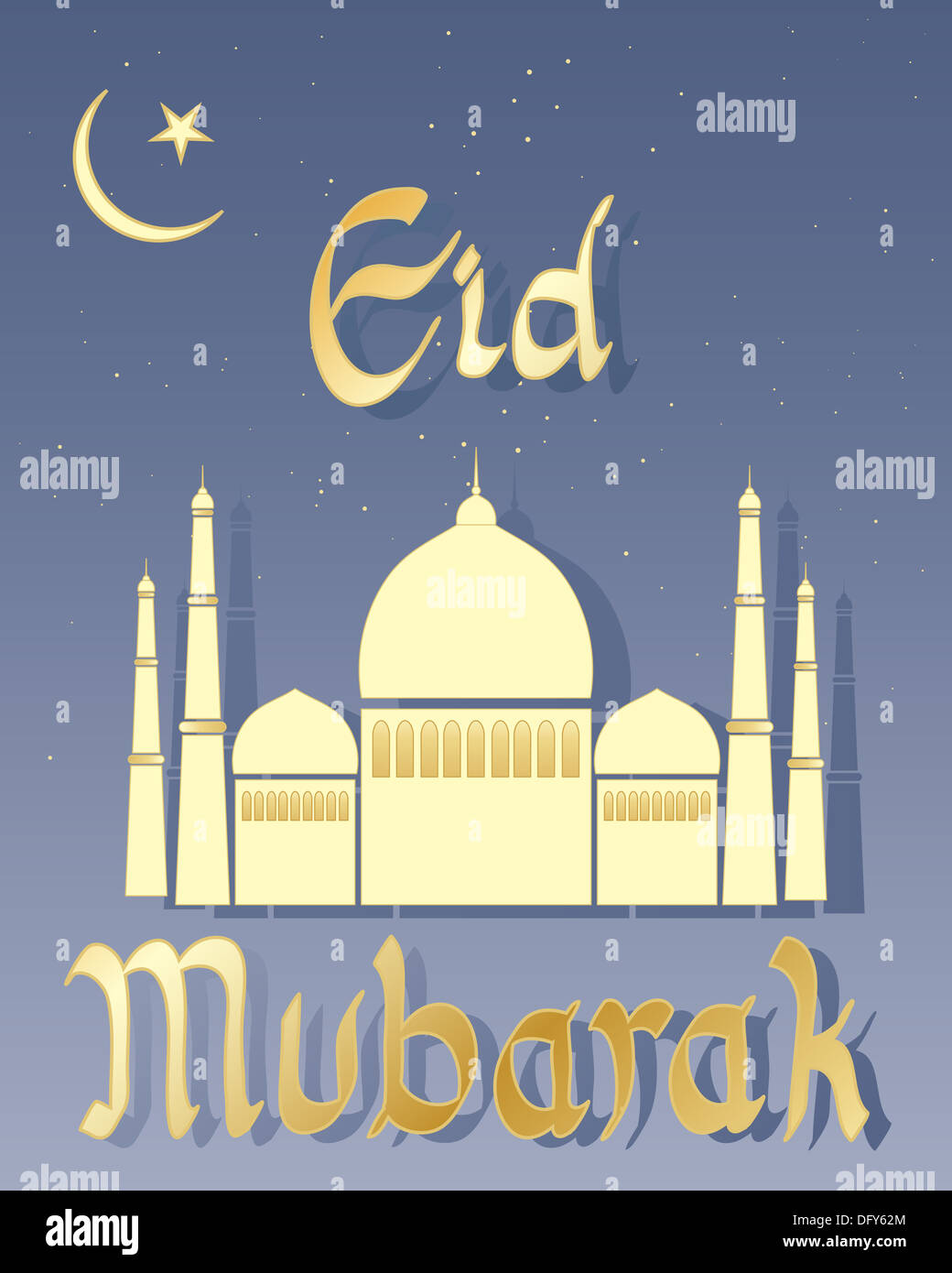 an illustration of a decorative Eid greeting card with golden lettering ...