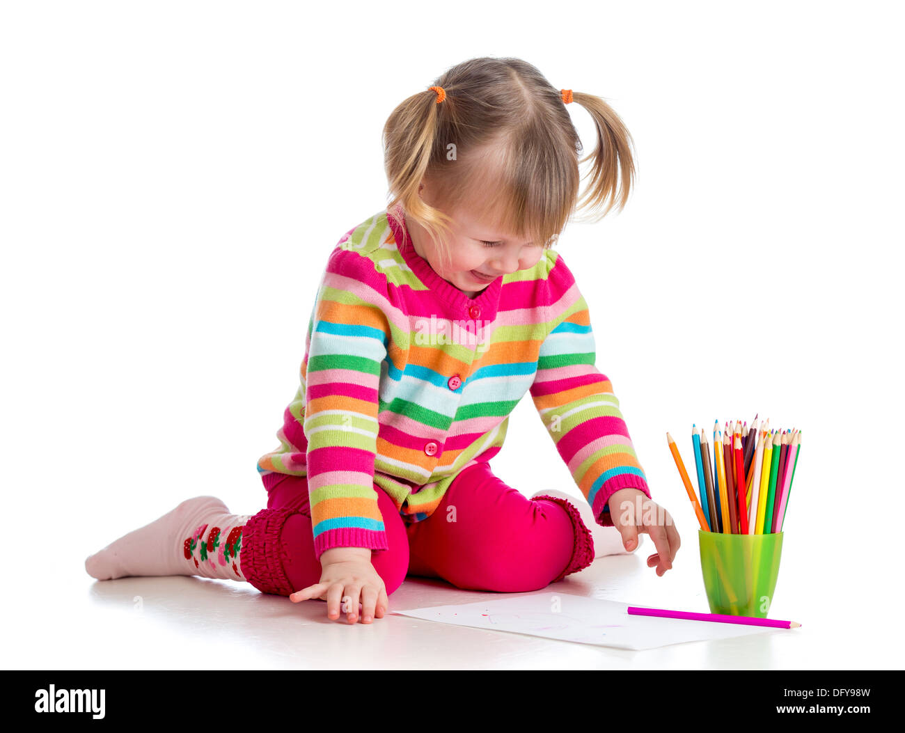 child drawing with colorful pencils Stock Photo - Alamy