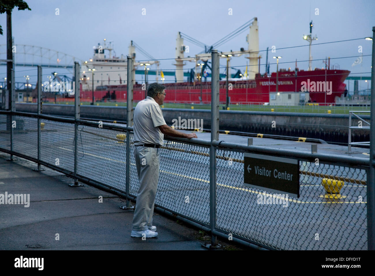 An ocean bound ship passes through the larger Poe Lock at the Soo Locks ...