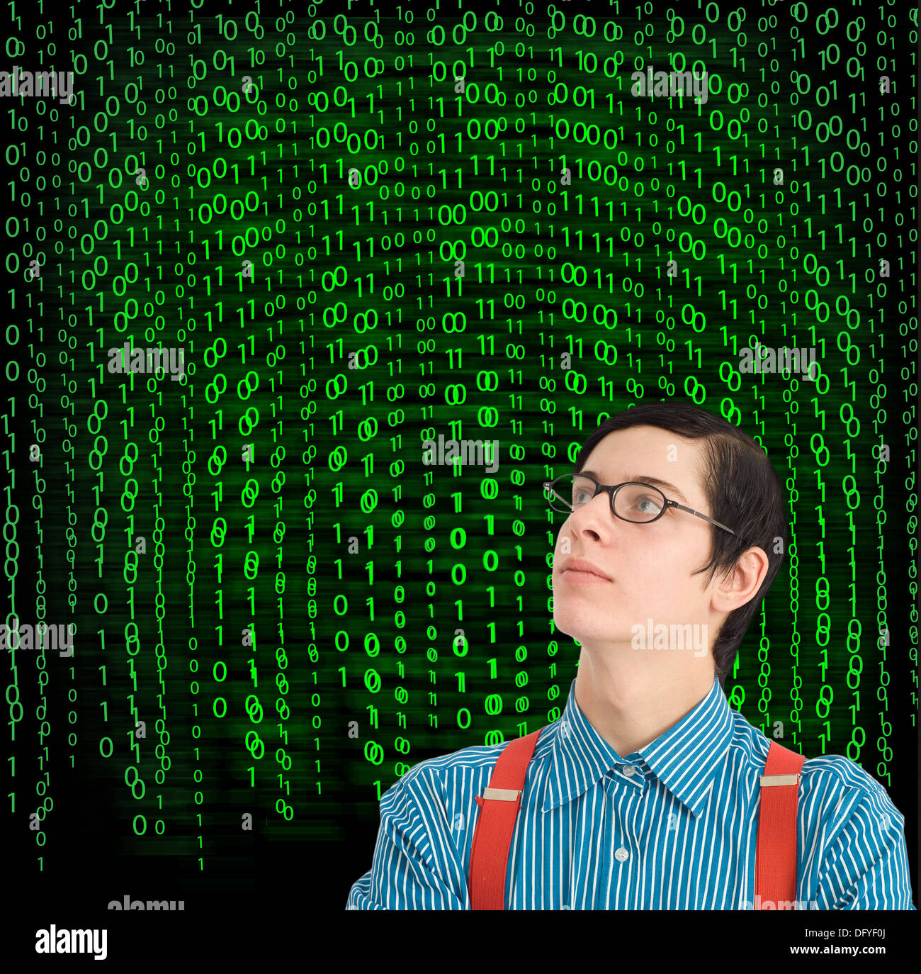 Nerd geek businessman, student or teacher with binary on blackboard ...