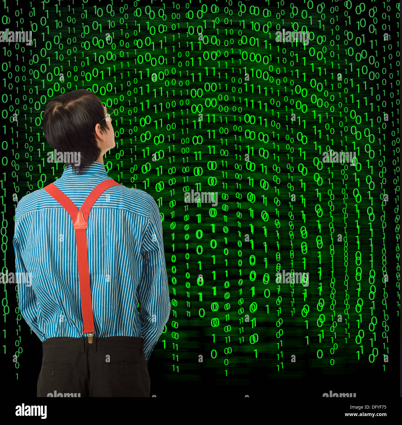 Nerd geek businessman, student or teacher with binary on blackboard ...