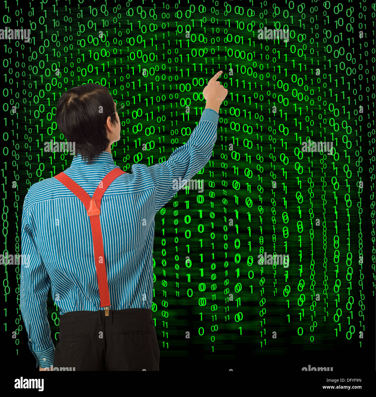 Nerd geek businessman, student or teacher with binary on blackboard ...