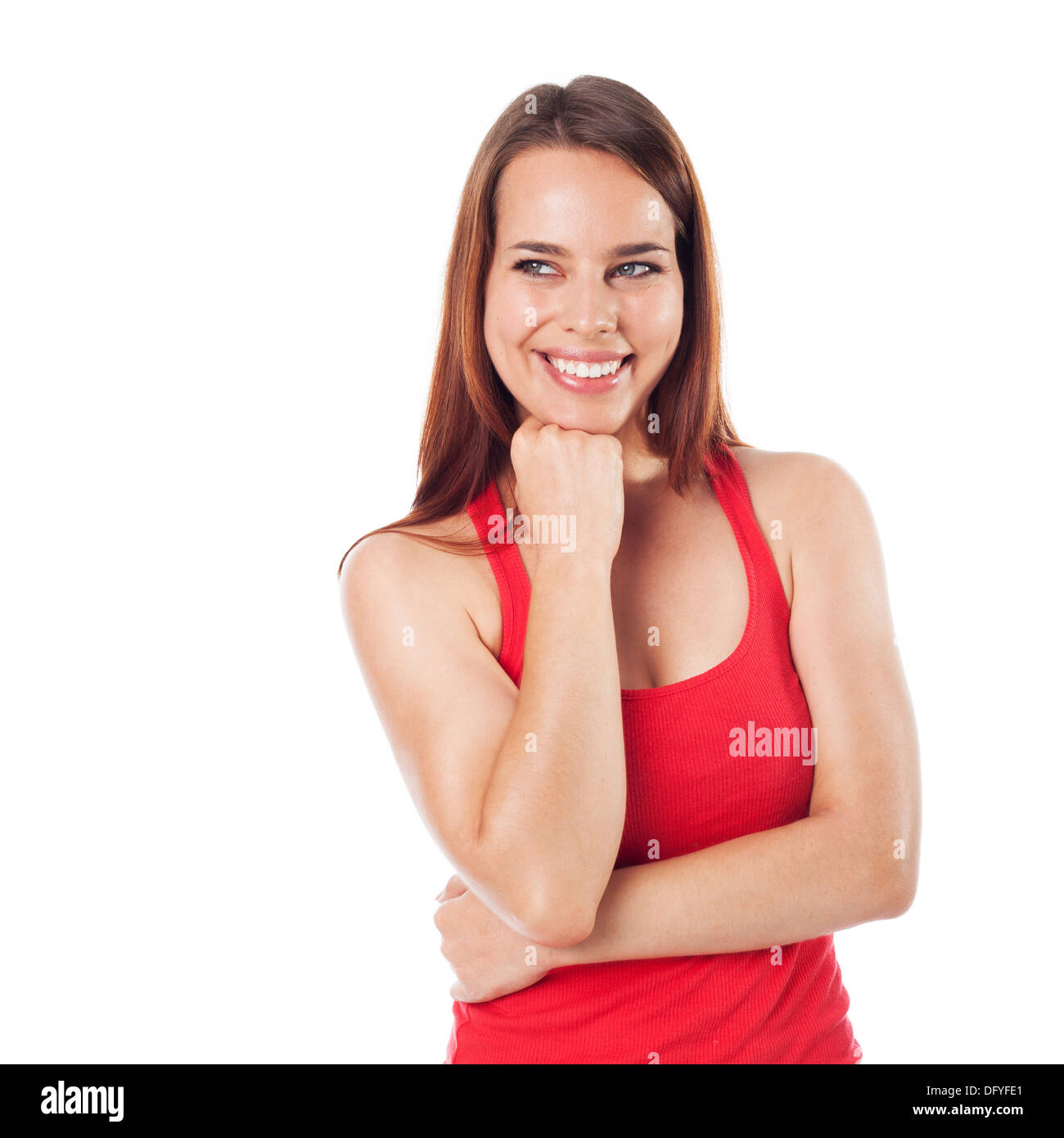 Beautiful young woman looking something and smiling, isolated on white ...