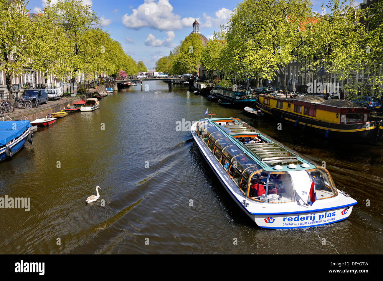 Amsterdam, Netherlands. Tourist canal boat on Herengracht Stock Photo ...