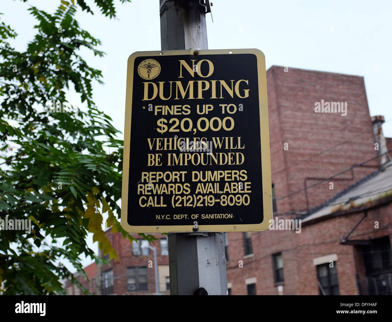 New York Department of Sanitation "No Dumping" sign, Brooklyn, New York ...