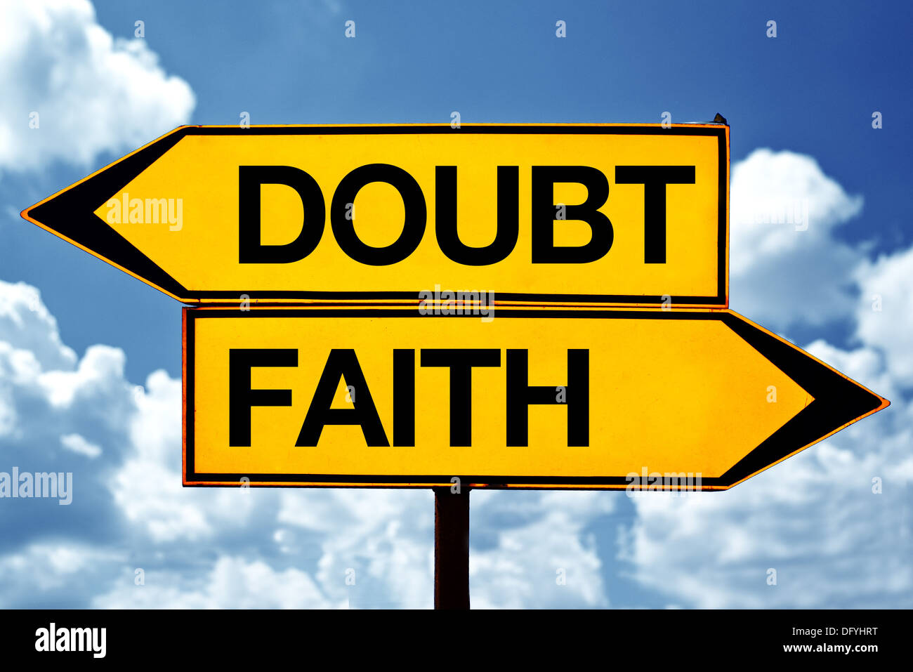 Doubt or faith, opposite signs. Two blank opposite signs against blue ...