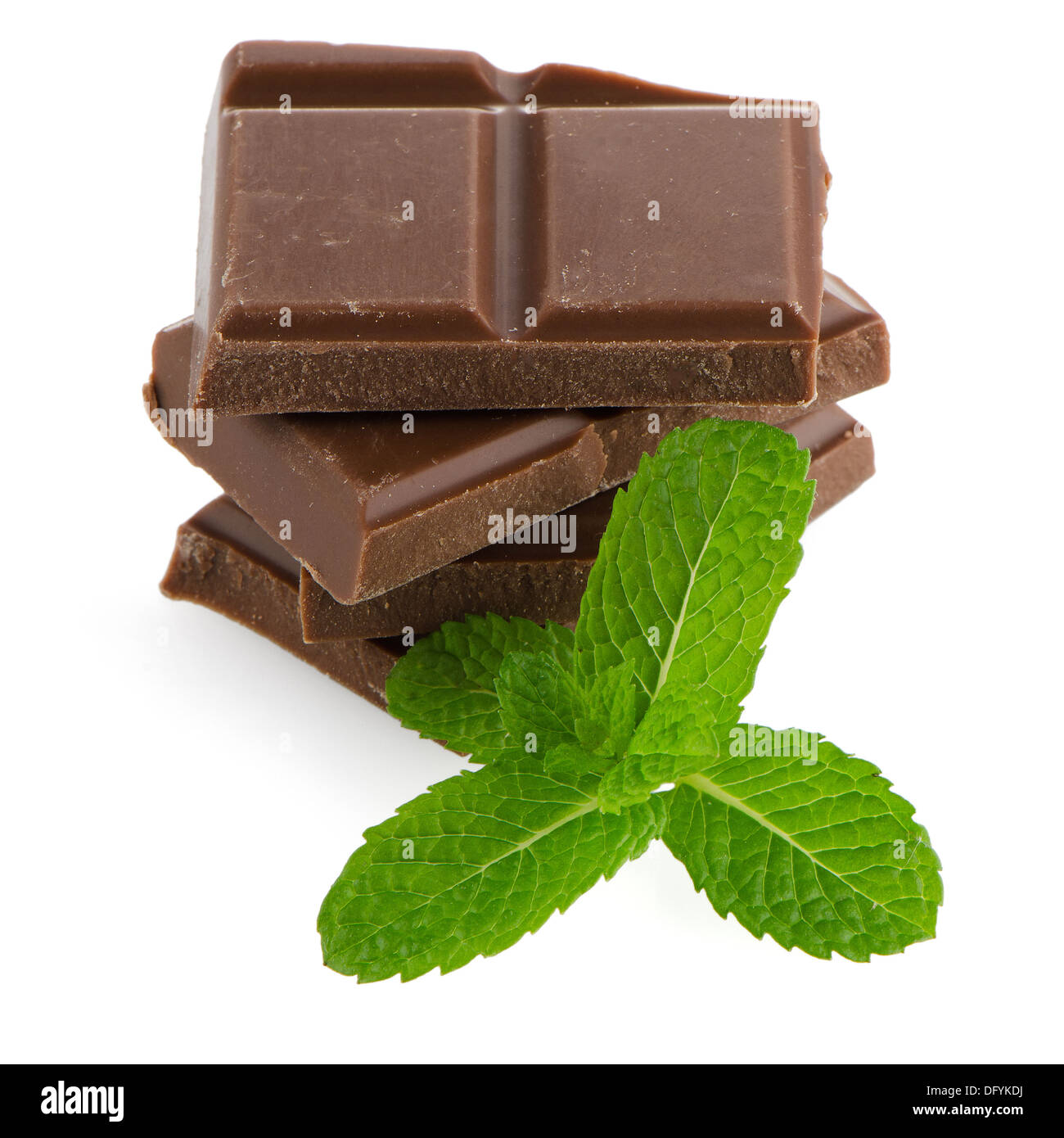 Closeup detail of chocolate parts and mint leaves on white background ...