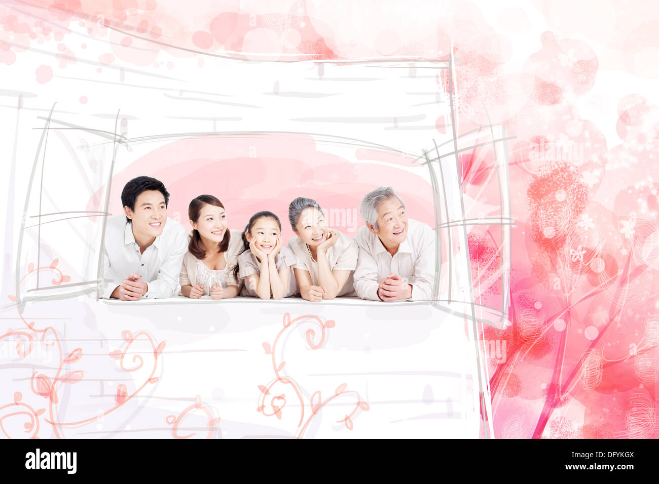 Happy family looking at view through window Stock Photo - Alamy