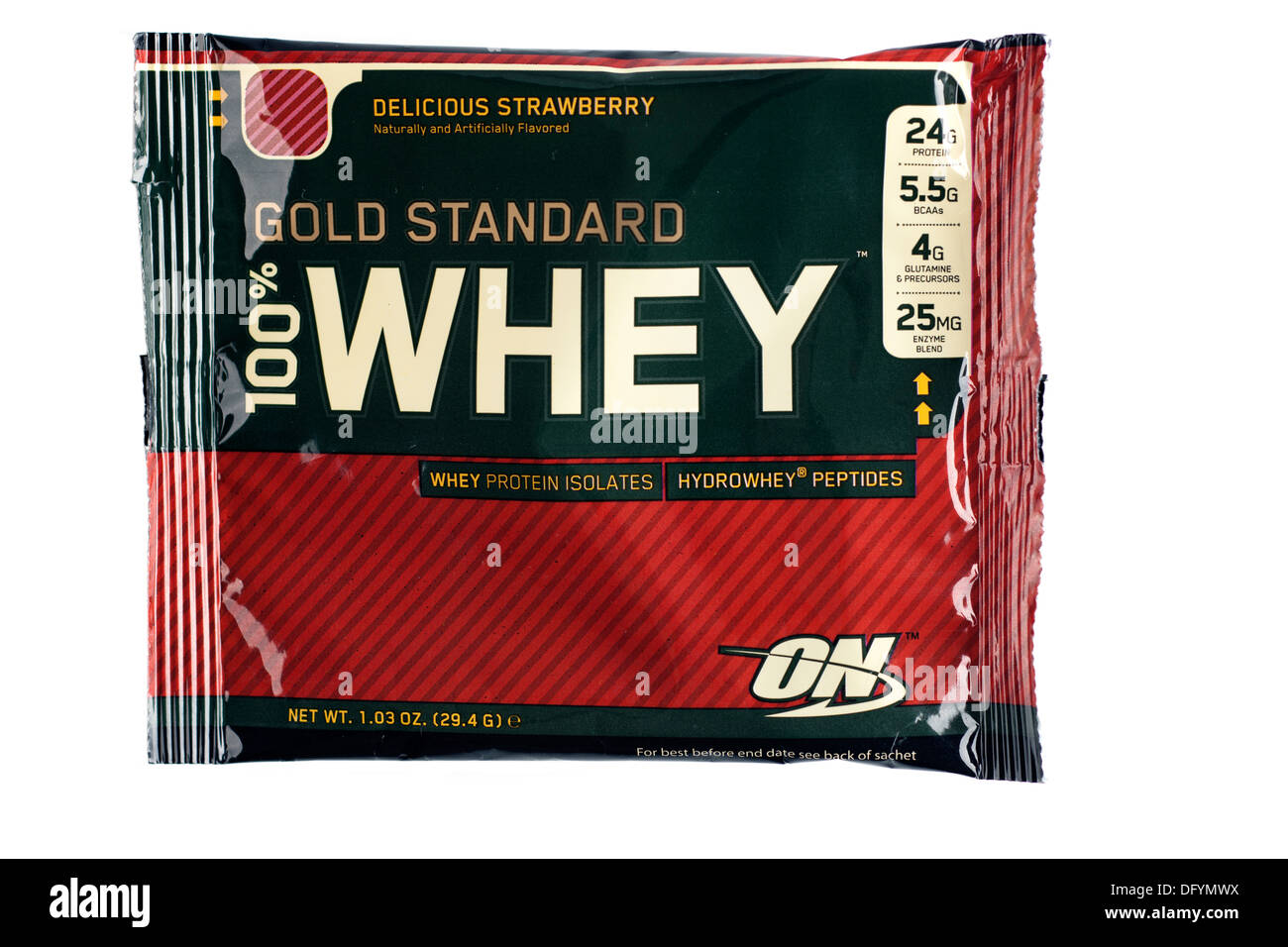 Sachet of gold standard 100 percent Whey powder strawberry flavouring ...