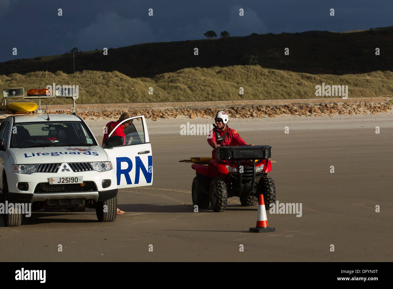 RNLI Lifeguards on St Ouen's beach Jersey Mitsubishi L200 RNLI ...