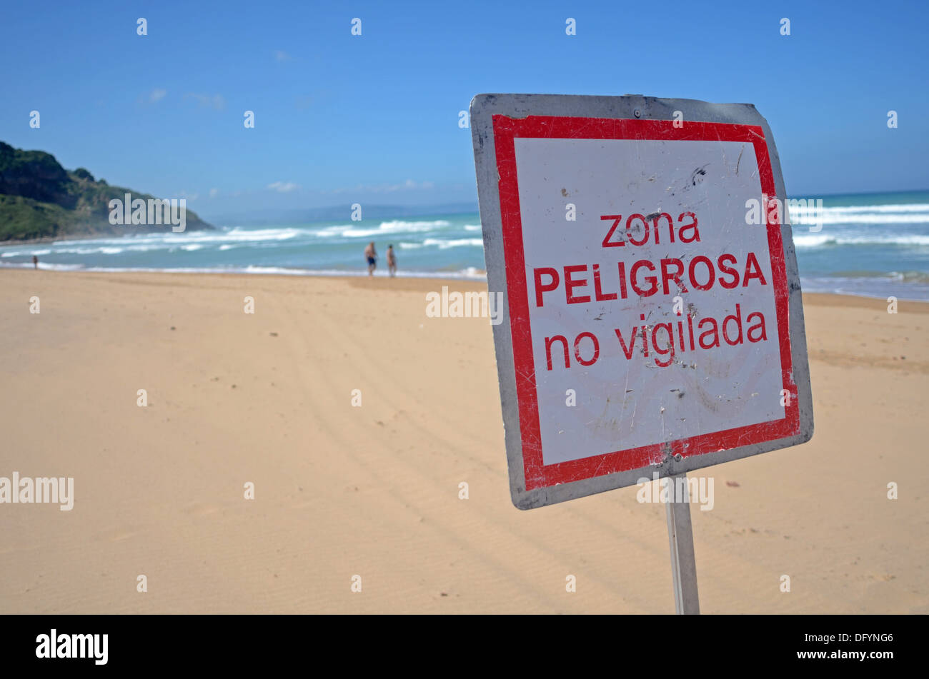 Warning sign on Vega Beach (Playa de Vega), Ribadesella, Asturias Stock ...
