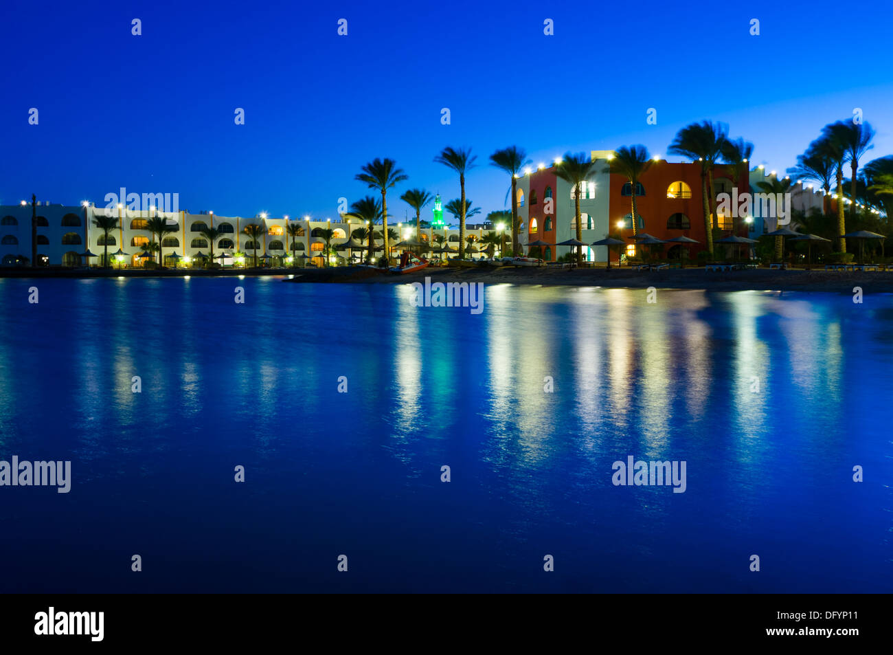 Red Sea tourist resort photographed at night at long shutter speed ...