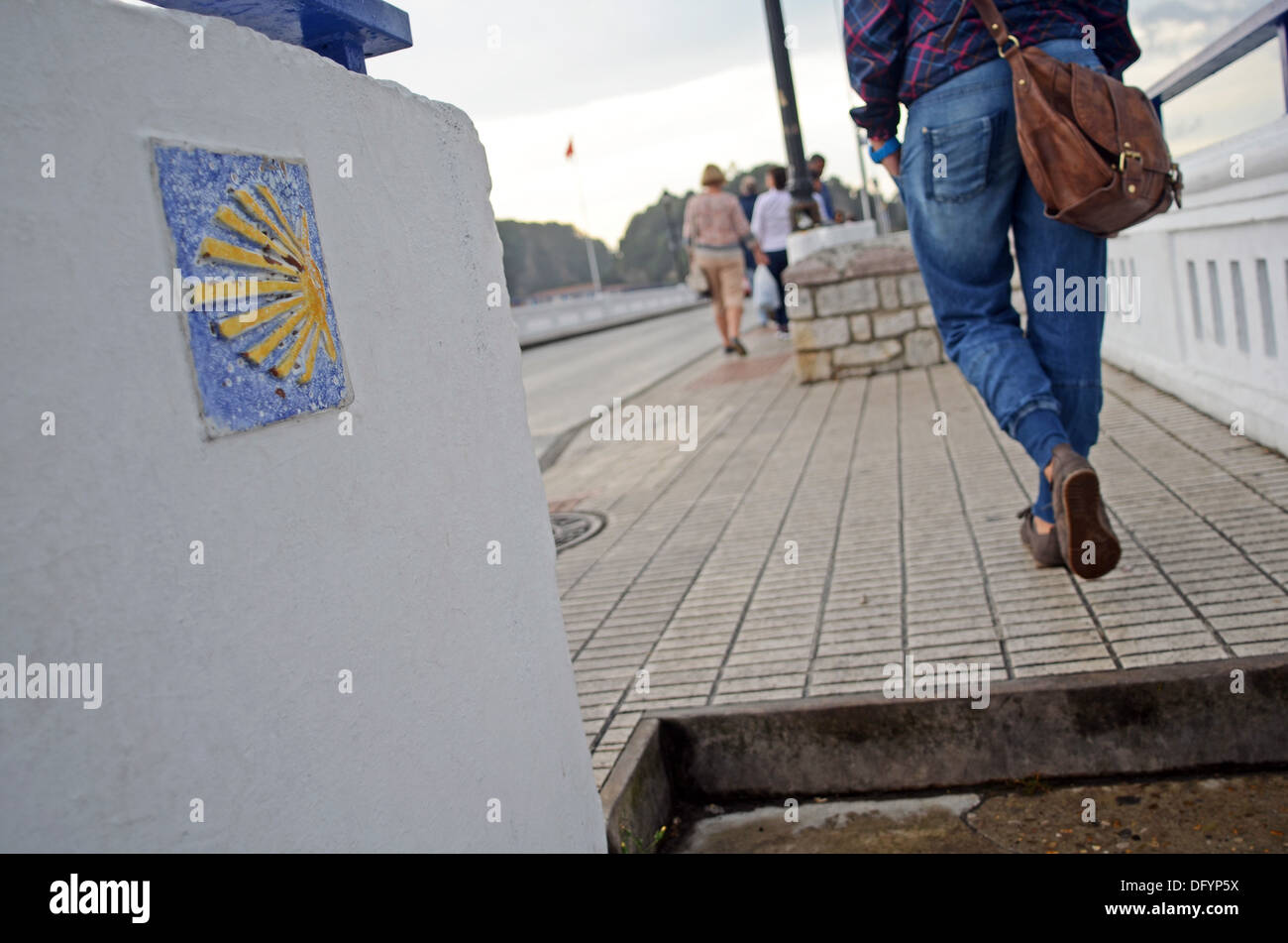 Camino de Santiago shell sign in bridge wall, Ribadesella Stock Photo ...