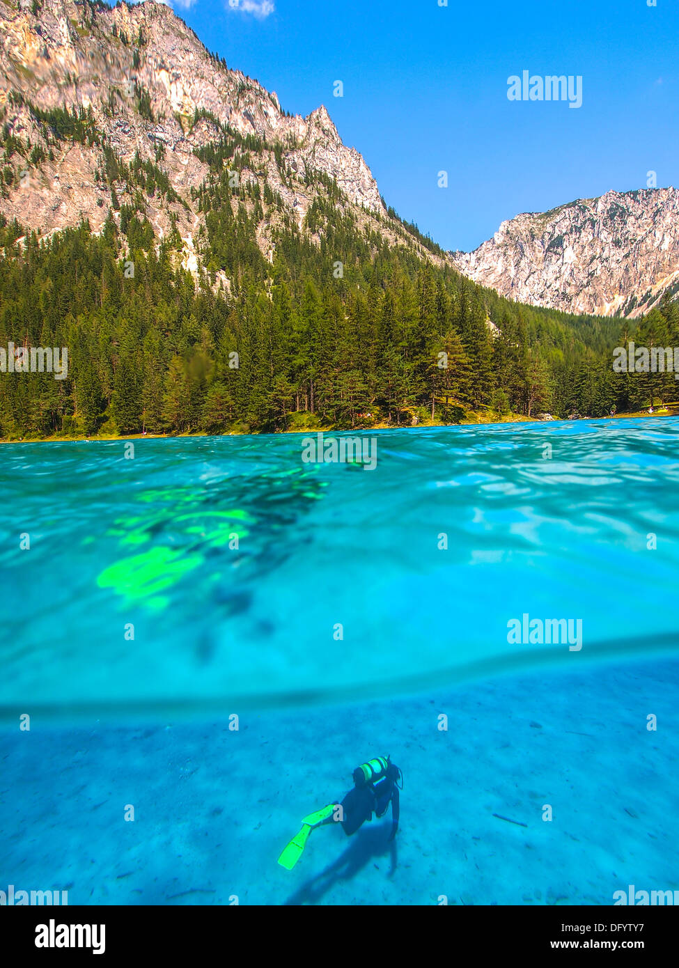 Altitude diving in mountain lake. Gruenner Sea, Alps Stock Photo - Alamy