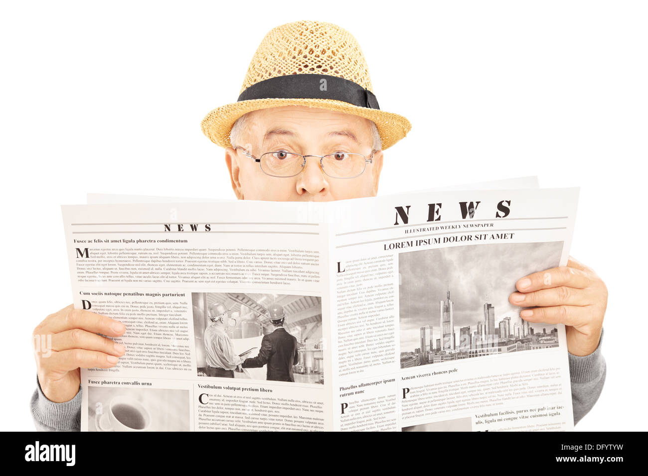 Scared senior man with glasses hiding behind a newspaper Stock Photo ...