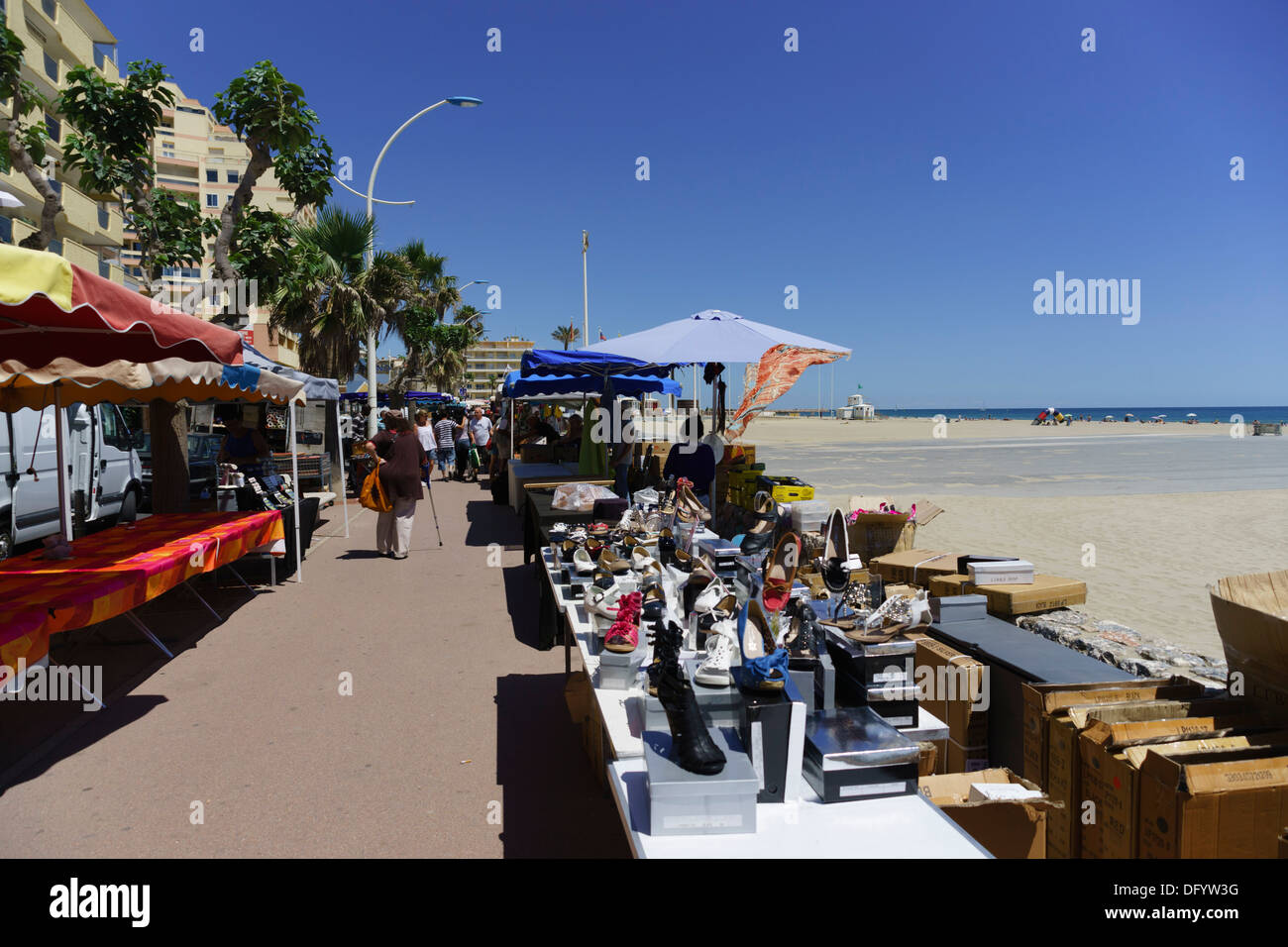 France, Roussillon - Canet en Roussillon, seaside resort. Market Stock ...