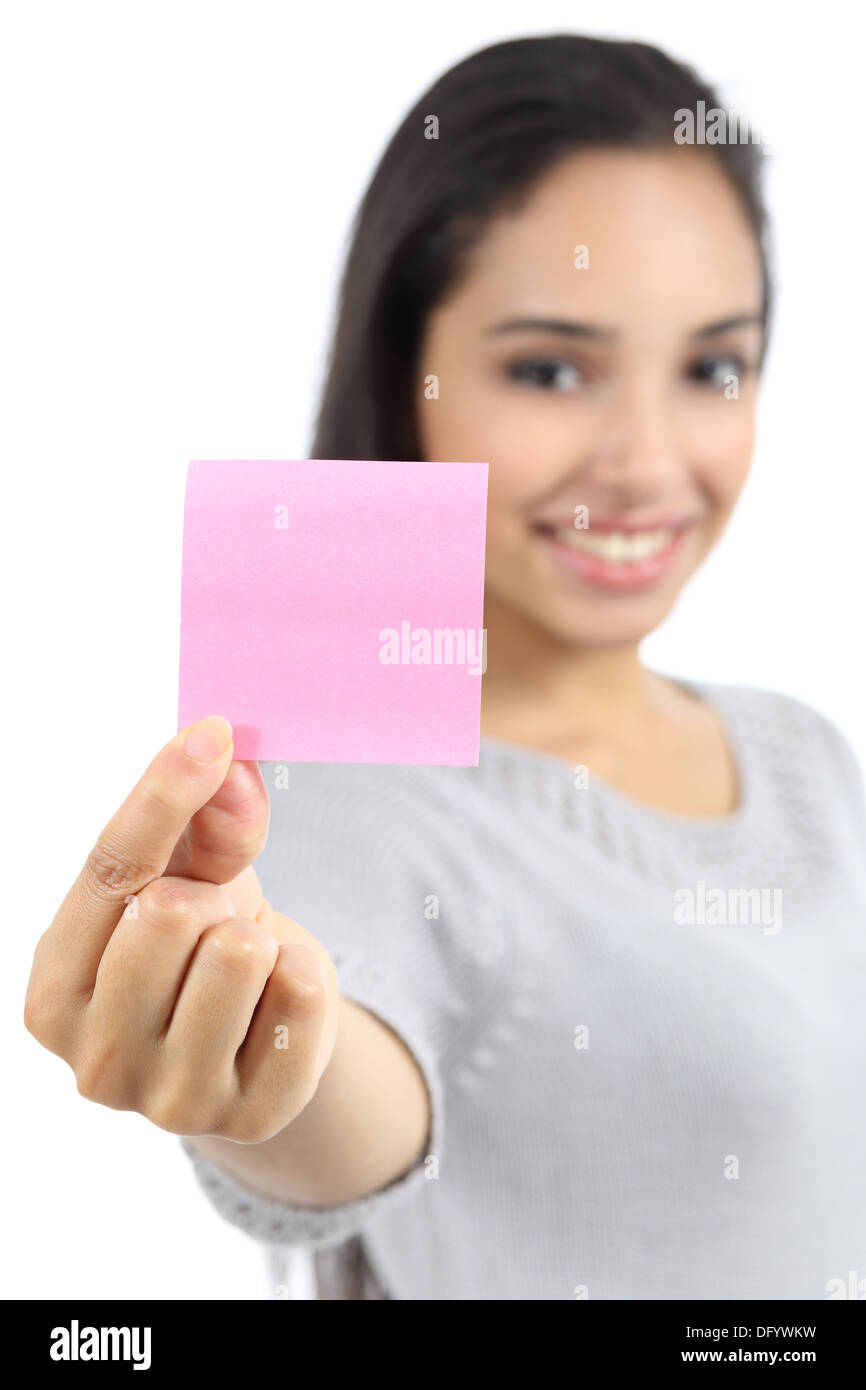 Beautiful woman showing a blank pink paper note isolated on a white ...