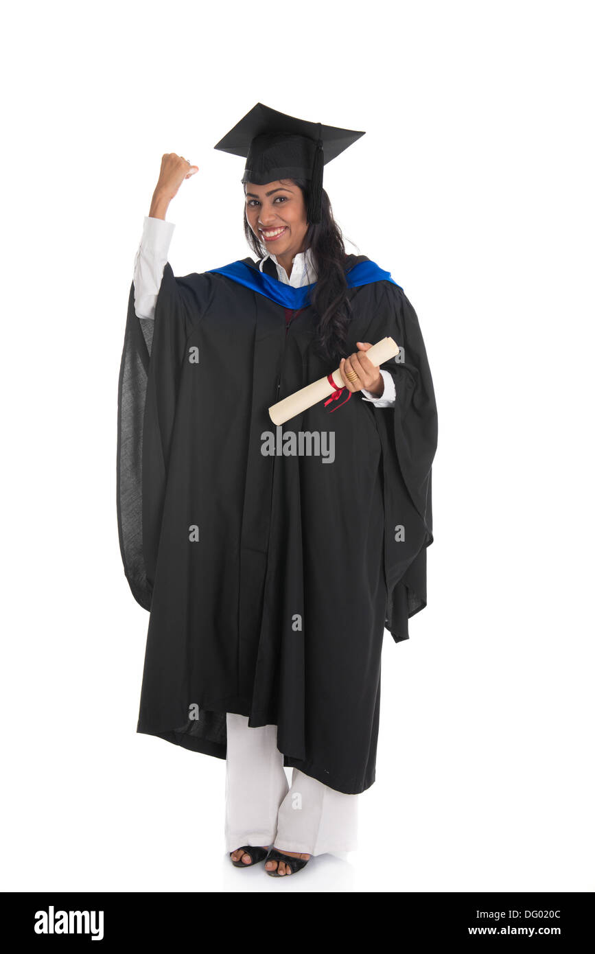 female indian graduate celebrating success isolated on white background ...