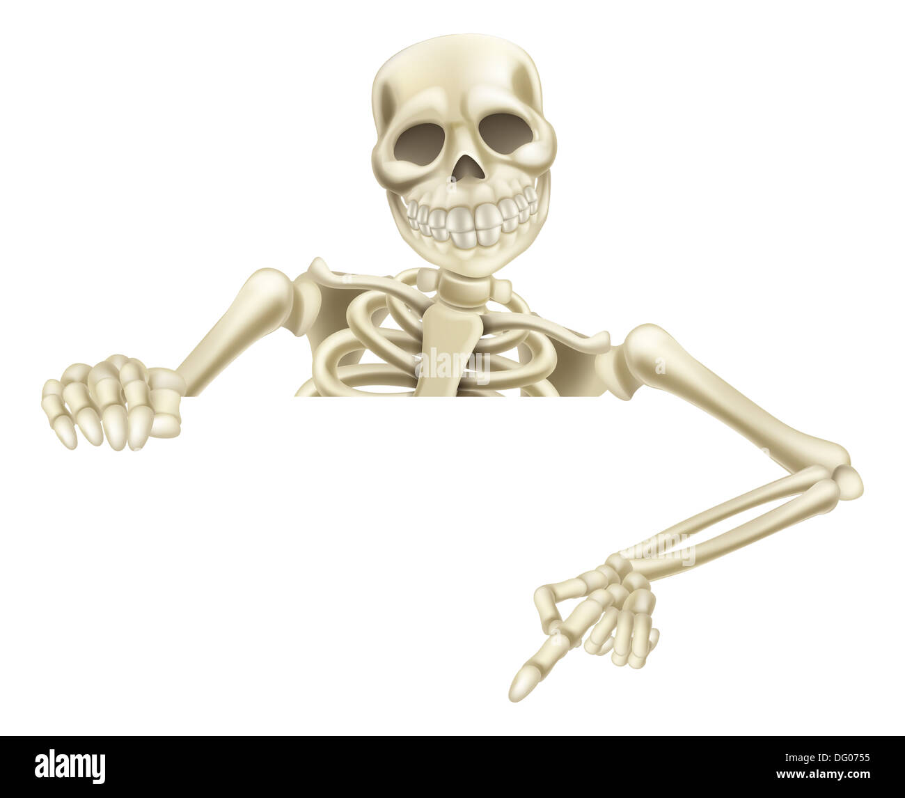 An illustration of a cartoon Halloween skeleton pointing down at a sign ...