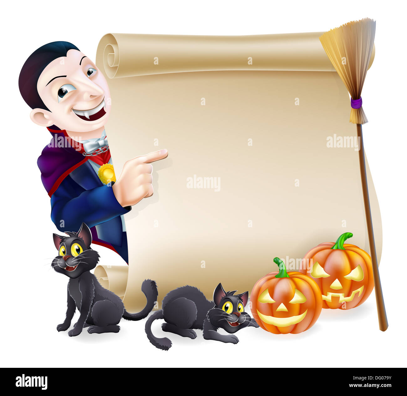 Halloween scroll or banner sign with cartoon Dracula vampire character ...