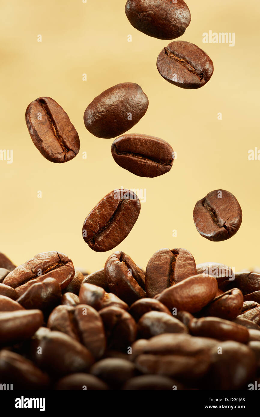 coffee beans falling on pile against brown background Stock Photo - Alamy
