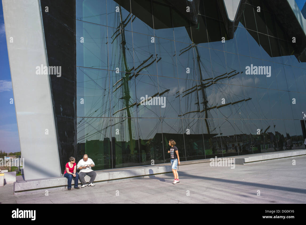 An imposing front view of the Riverside Museum Glasgow with a ...