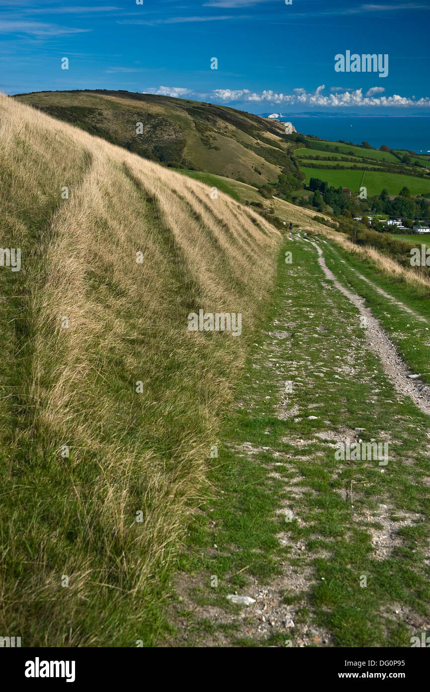 A footpath down to Swanage from the Purbeck Hills, Dorset, UK Stock ...