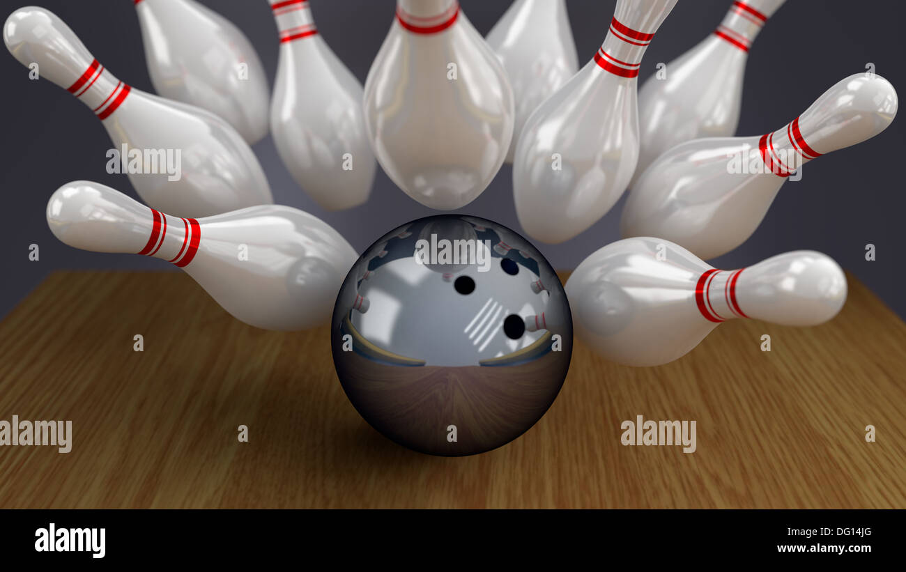 Bowling Ball and Pins on Moment of Strike Impact Stock Photo - Alamy