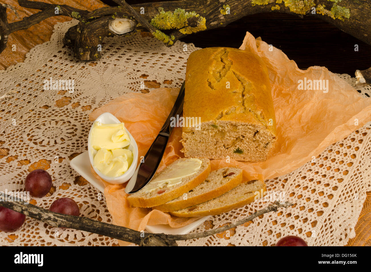 Barnbrack, a Halloween cake served on a decorated table Stock Photo - Alamy