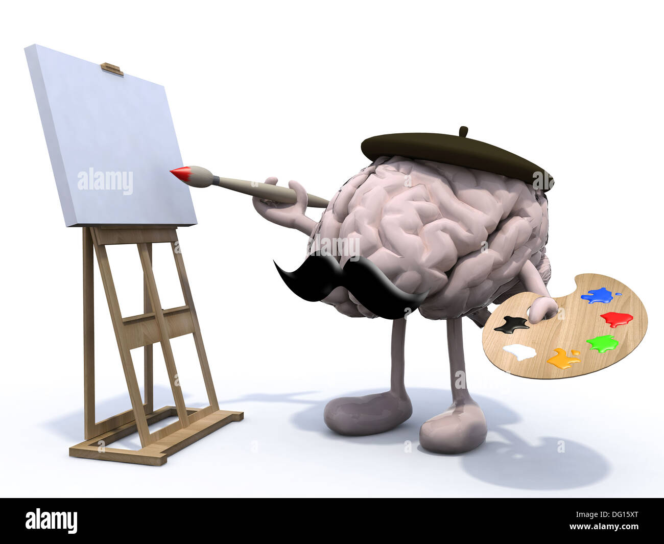 human brain with arms, legs, moustache, painter with brush and easel ...