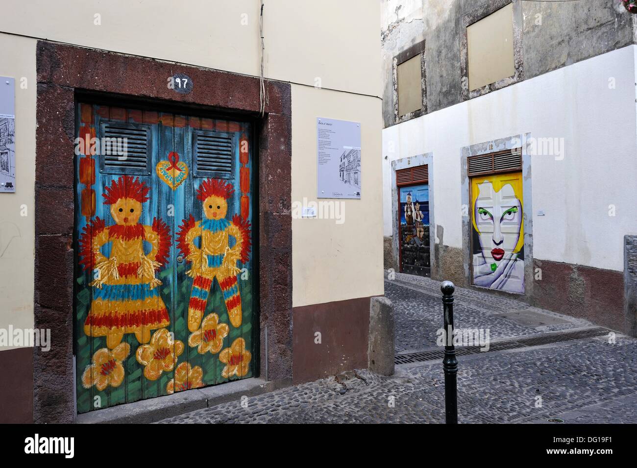 painted doors of Santa Maria street in the old town, Funchal, Madeira ...