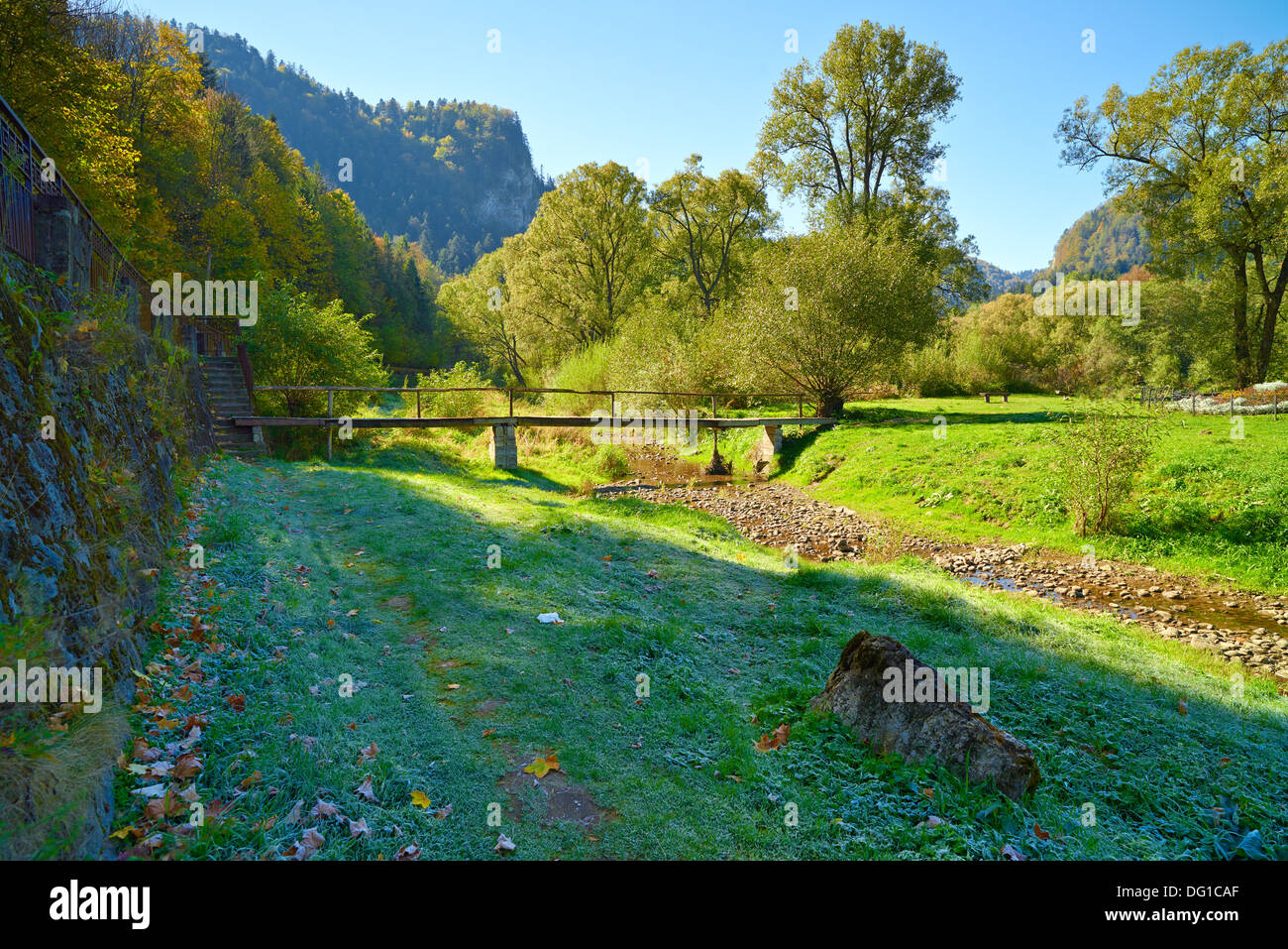 Mountain landscape with litlle bridge in The Dunajec River Gorge ...