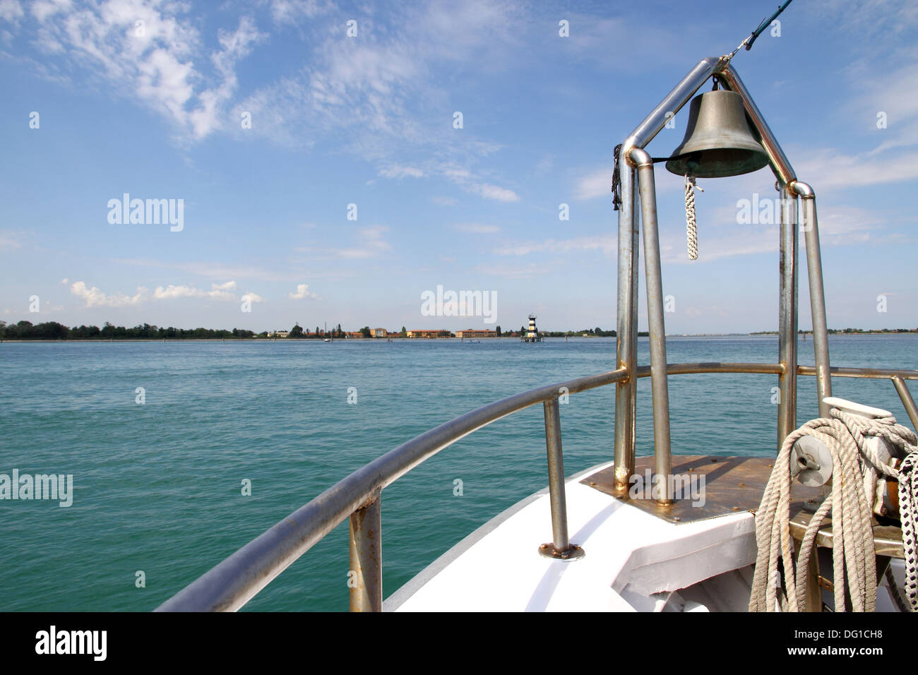 Ship at sea with view of lighthouse deck and bell, horizontal Stock ...