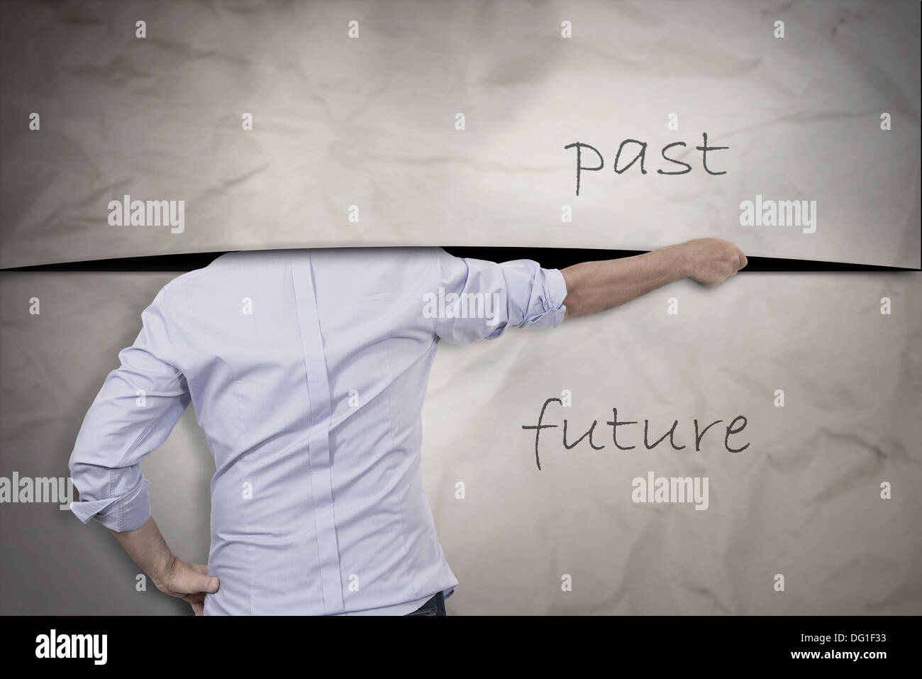 concept of man cutting with the past but is afraid of the future Stock ...