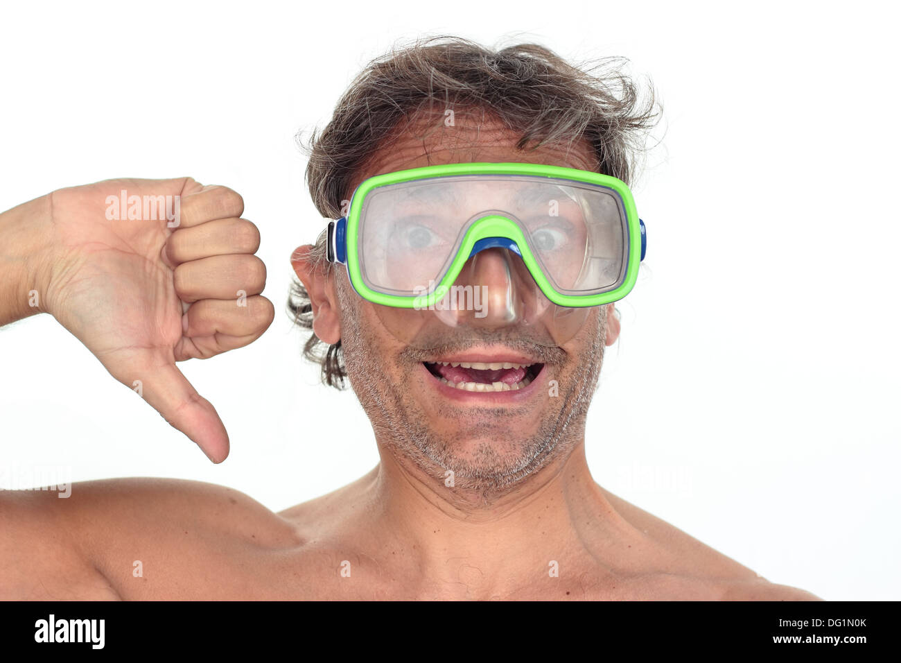 man in goggles doing hand sign "go down Stock Photo - Alamy