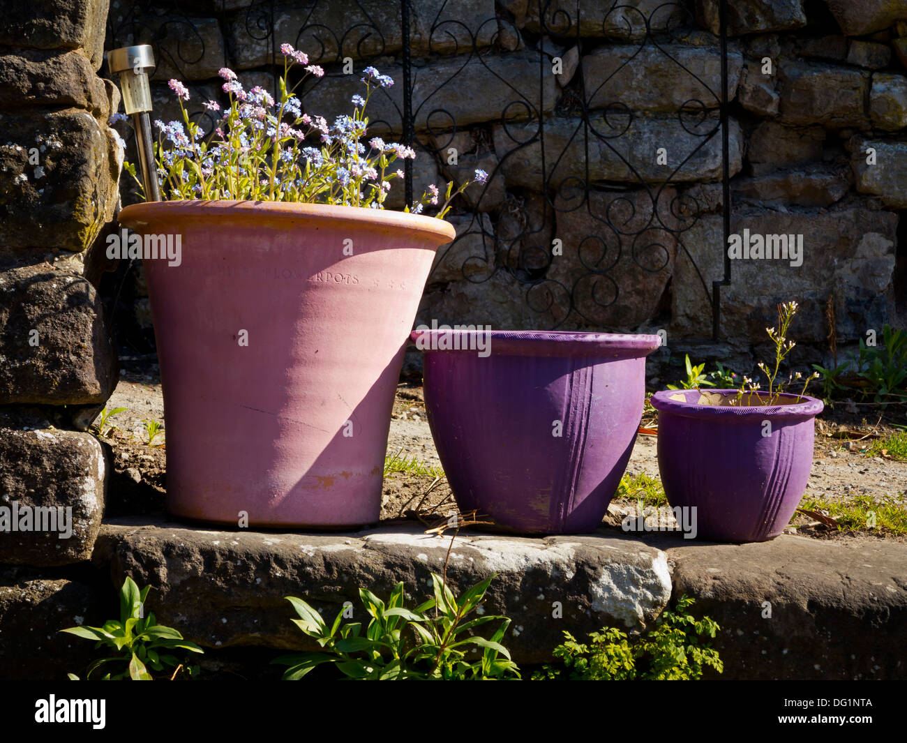 Plant pots on stone steps in Cromford village Derbyshire England UK ...