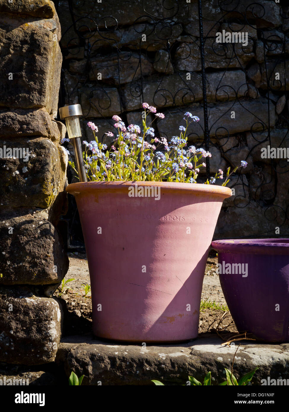 Plant pots on stone steps in Cromford village Derbyshire England UK ...