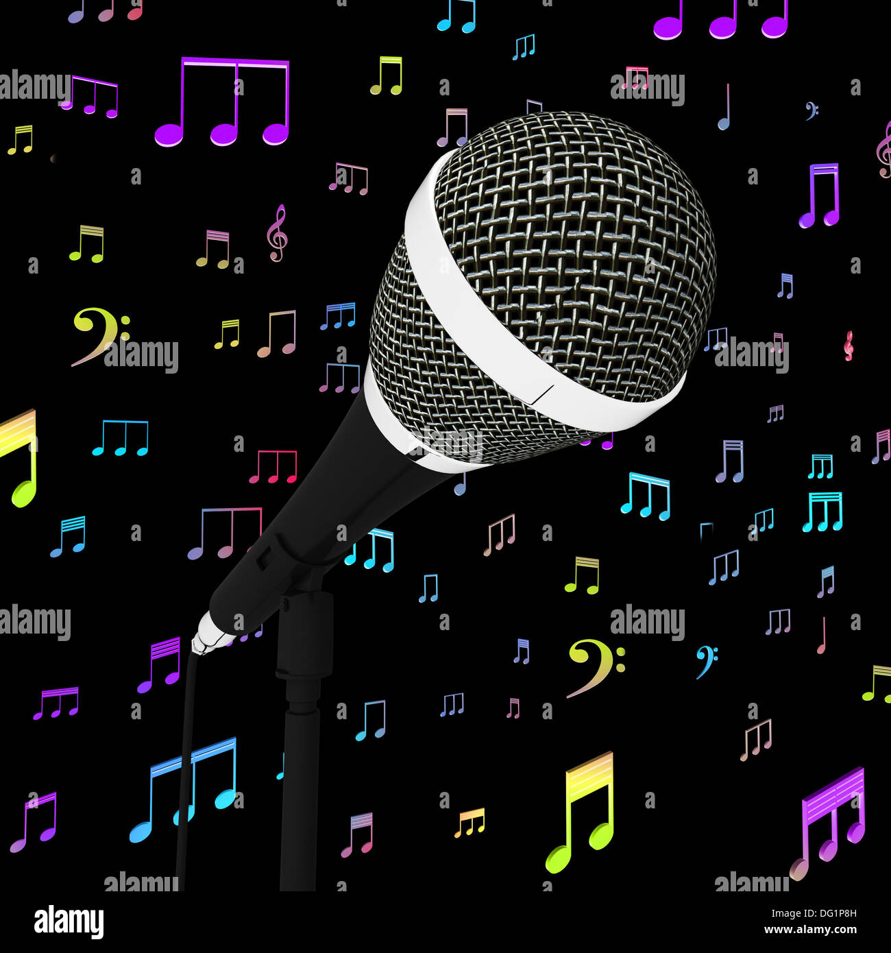 Microphone Closeup With Music Notes Showing Songs Or Hits Stock Photo ...