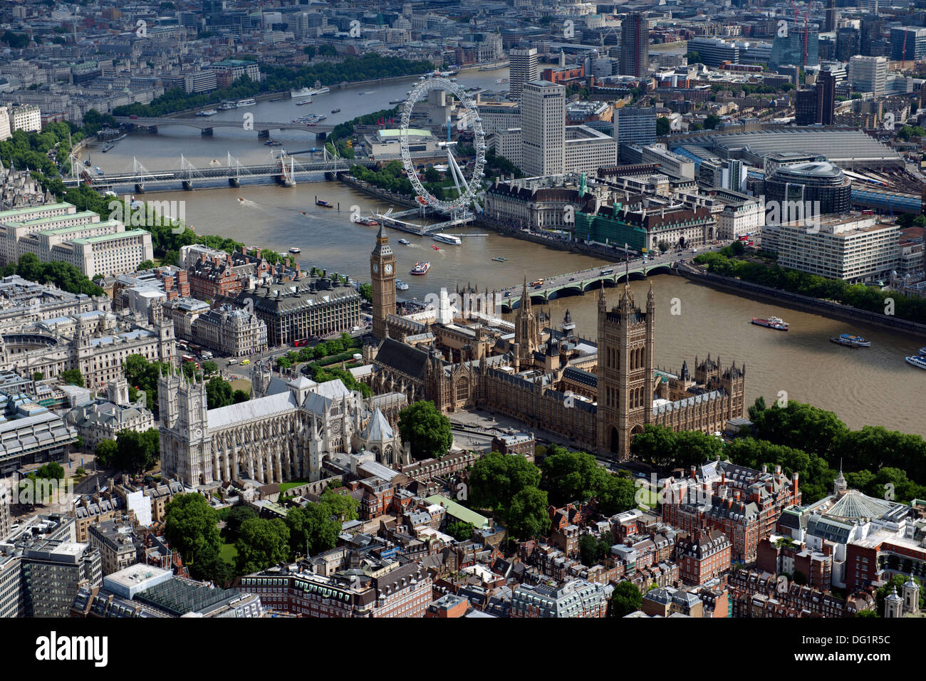 Aerial view of Westminster and the River Thames with the Houses of ...