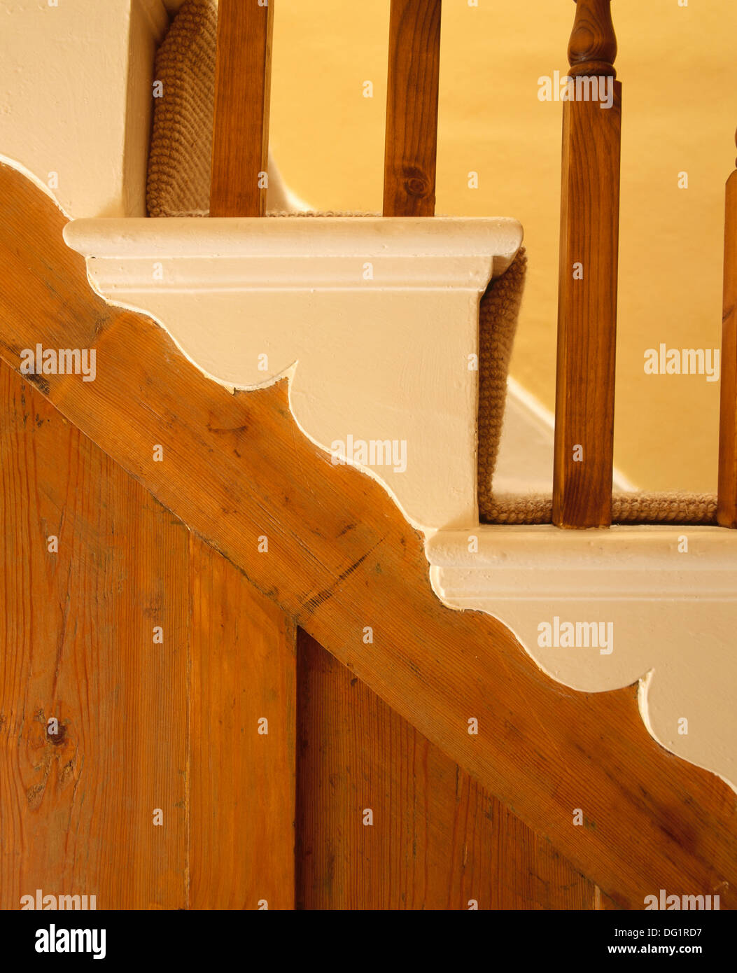 .Close-up of wooden cottage staircase with white painted treads Stock ...