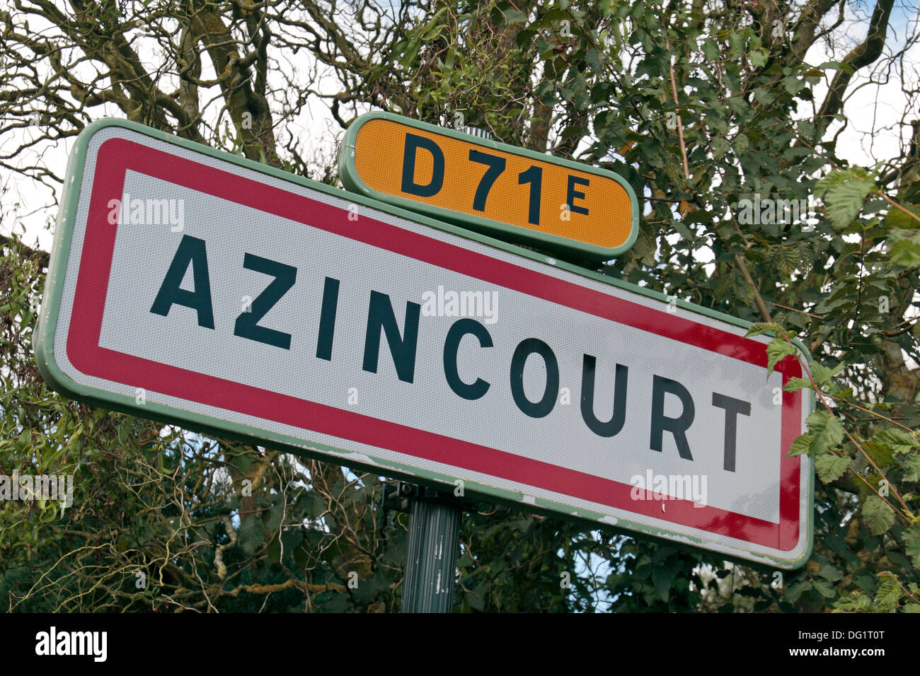 Road sign outside the town of Azincourt (Agincourt), famous for the ...